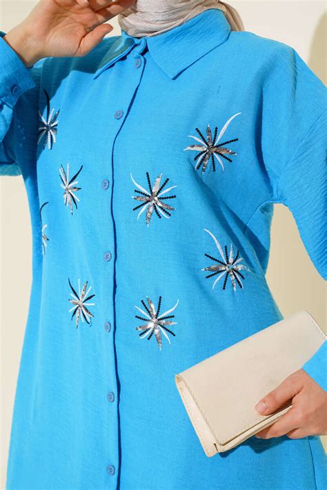 Nakışlı Pullu Gömlek Mavi