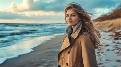 Beautiful Young Woman Walking On The Beach On A Windy Day Stock Image