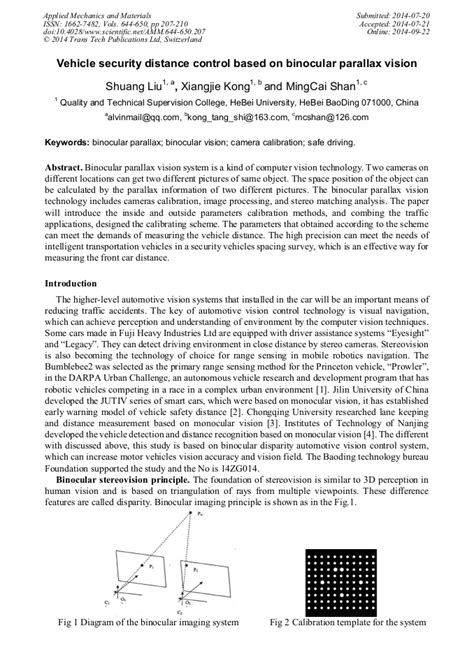 Vehicle Security Distance Control Based On Binocular Parallax Vision Scientificnet