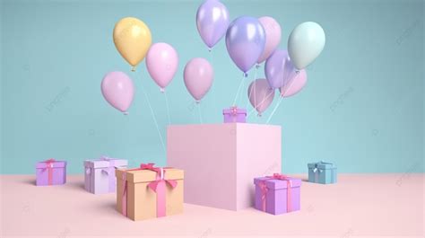 파스텔 하늘 3d 렌더링된 그림에 매달린 미니멀리즘 선물 상자와 풍선 에어드랍 생일 선물 상자 생일 상자 생일 선물 배경