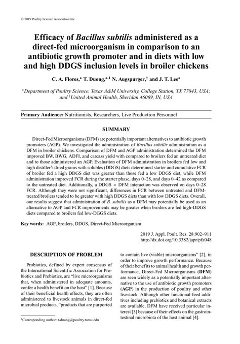 Pdf Efficacy Of Bacillus Subtilis Administered As A Direct Fed