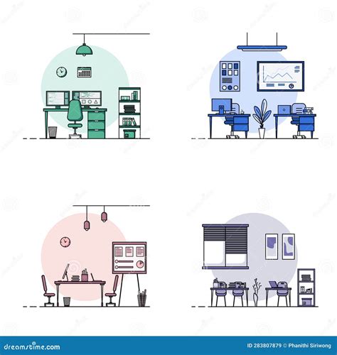 Flat Design Of Working Table With Computer Desktop Equipment Working Desk With Table Chair
