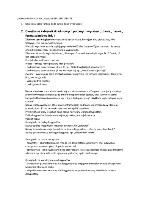 Logika Prawnicza Kolokwium Logika wykład KUL Studocu