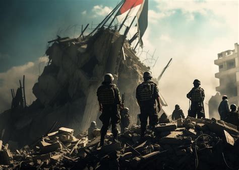 Premium Photo A Group Of Soldier In War With Destroy Bulding Background