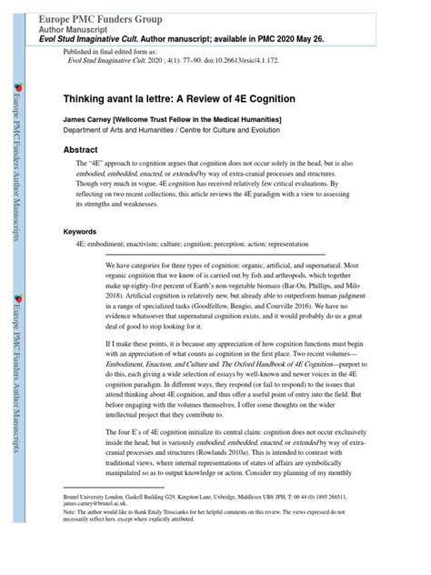 Thinking Avant La Lettre A Review Of 4e Cognition Carney 2020 Pdf