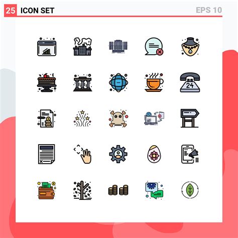 Set Of 25 Vector Filled Line Flat Colors On Grid For Nacklace Cross Turbine Communication