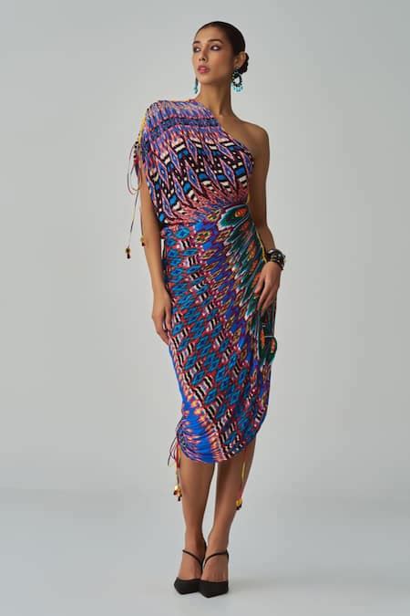 Buy Blue Cotton Silk Print Ikat Asymmetric Neck Mira Abstract Dress For