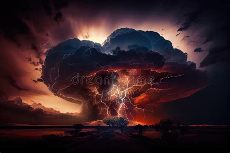 Dramatic Thunderstorm With Lightning Strike Illuminating The Sky Stock