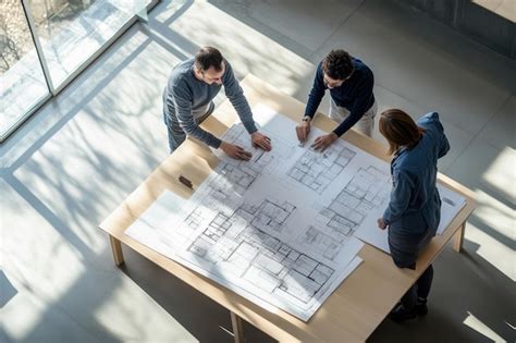 architects reviewing blueprints premium ai generated image