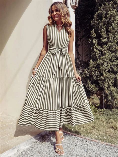 Breezaya Striped Notched Neck Ruffle Hem Belted Dress SHEIN USA