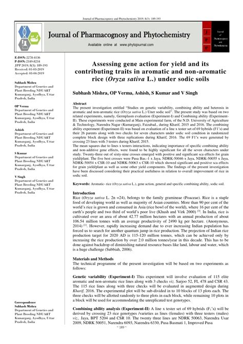 Pdf Assessing Gene Action For Yield And Its Contributing Traits In Aromatic And Non Aromatic