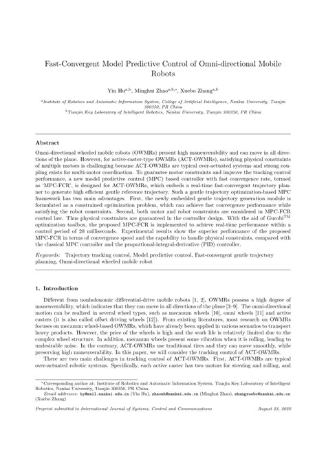 Pdf Fast Convergent Model Predictive Control Of Omni Directional Mobile Robots