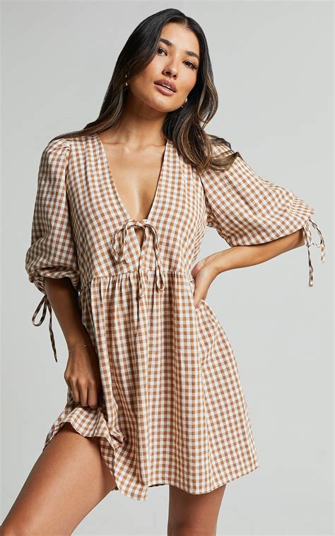 Rosita Mini Dress Tie Front Puff Sleeve Dress In Caramel And White