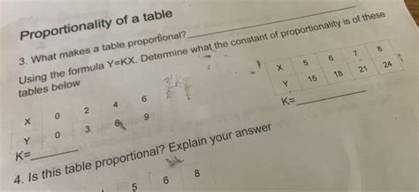 solved proportionality of a table using the formula y kx determine