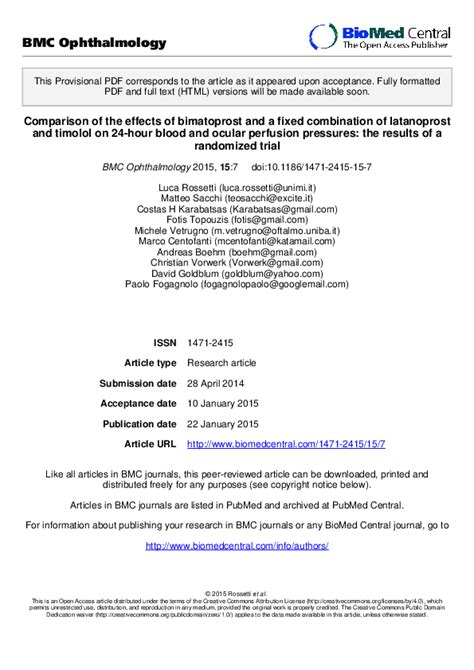 Pdf Comparison Of The Effects Of Bimatoprost And A Fixed Combination Of Latanoprost And