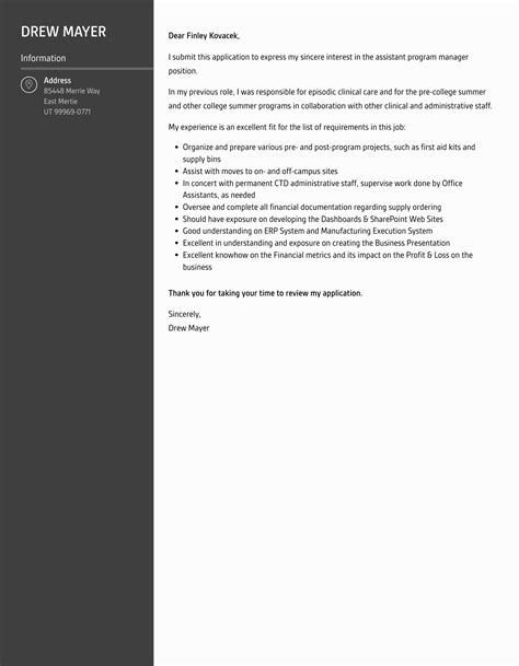 Assistant Program Manager Cover Letter Velvet Jobs