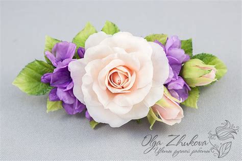 Заколка автомат с розами и гортензией « Украшения ручной работы Украшения из полимерной глины
