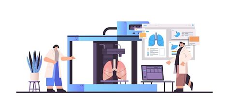Premium Vector Researchers Prints Lungs Model On D Bio Printer Medical Printing Of Human