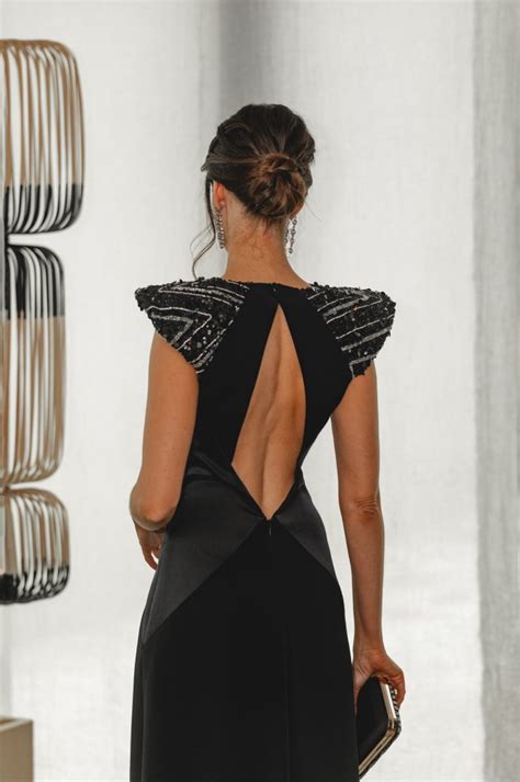 Vestido Negro Largo Para Bodas De Noche Con Espalda Escotada