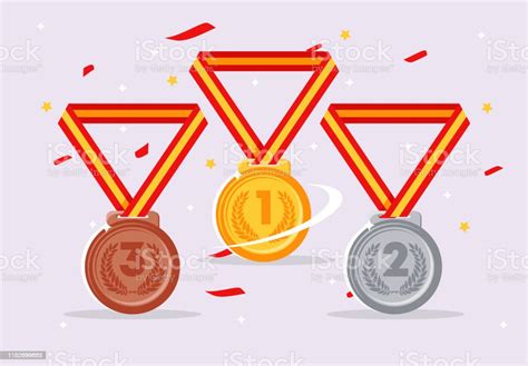 벡터 일러스트 레이 션의 첫 번째 및 세 번째 장소에 대 한 우승자의 메달 금 은 및 청동 메달 빨간 리본 1위에 대한 스톡 벡터 아트 및 기타 이미지 Istock