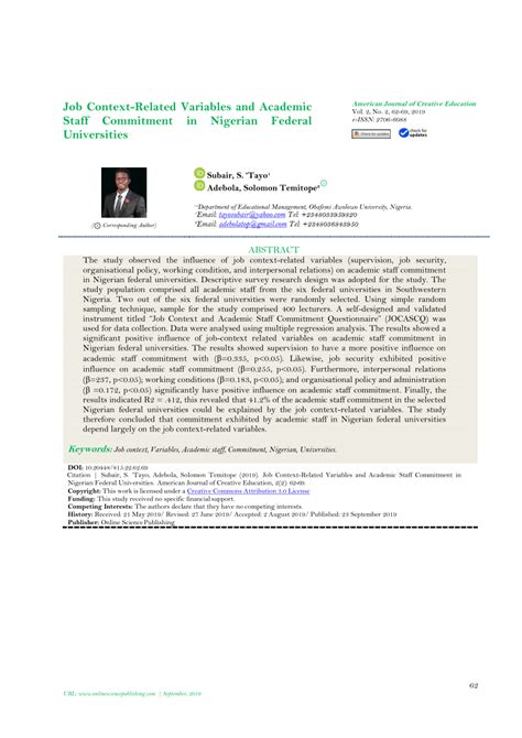 Pdf Job Context Related Variables And Academic Staff Commitment In Nigerian Federal Universities