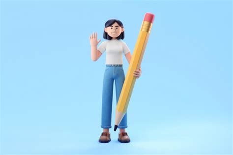 Animated Female Character Waving With A Yellow Pencil Premium Ai