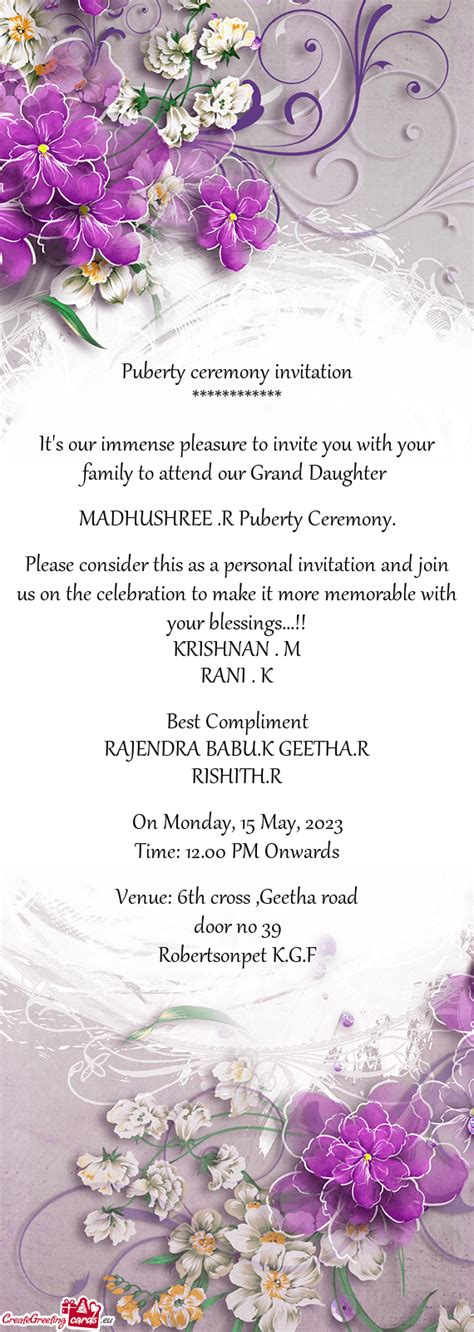 Madhushree R Puberty Ceremony Free Cards