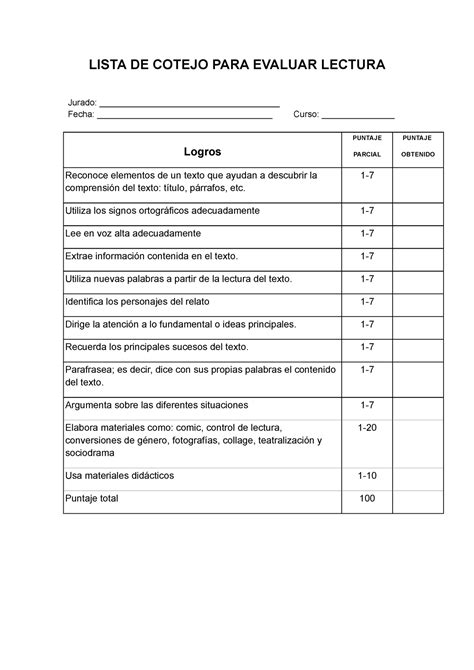 Lista De Cotejo Para Evaluar Lectura Lista De Cotejo Para Evaluar