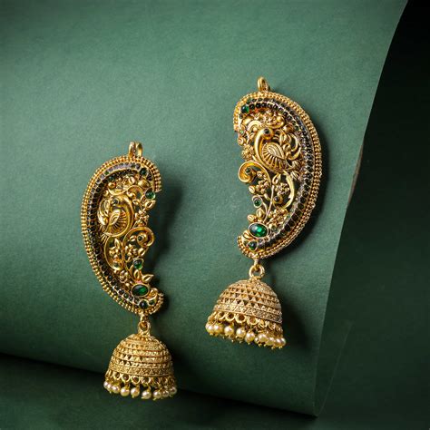 Traditional Peacock Earcuff Earrings With Green Motifs