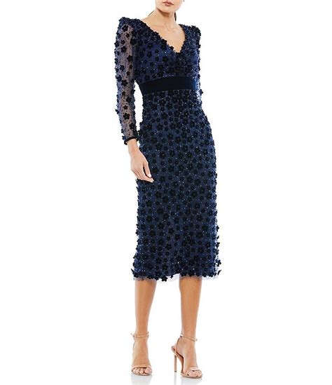 Mac Duggal Floral Print Embellished V Neck Illusion Long Sleeve Midi