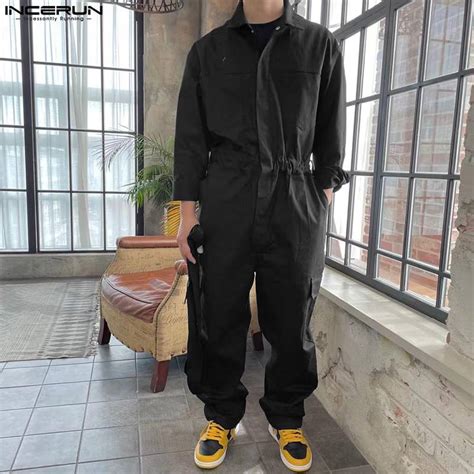 INCERUN monos de manga larga con solapa para hombre ropa de calle con múltiples bolsillos