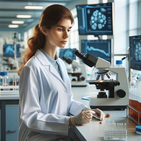 Premium Photo A Woman In A Lab With A Microscope In The Background