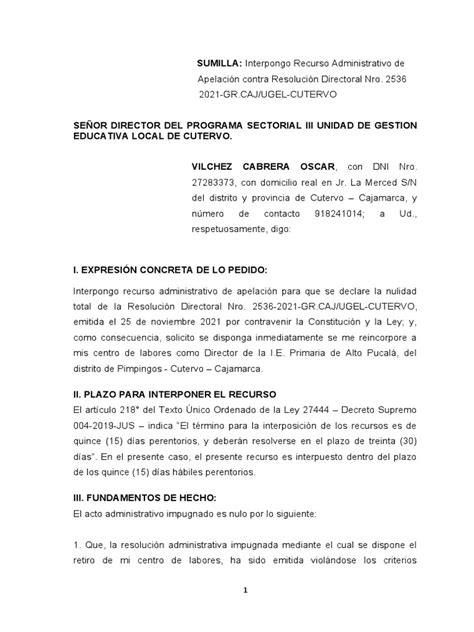 Modelo De Recurso Administrativo De Apelacion Contra Resolucion