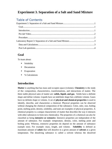 Experiment 3 Separation Of A Salt And Sand Mixture 1 Pdf Chemical