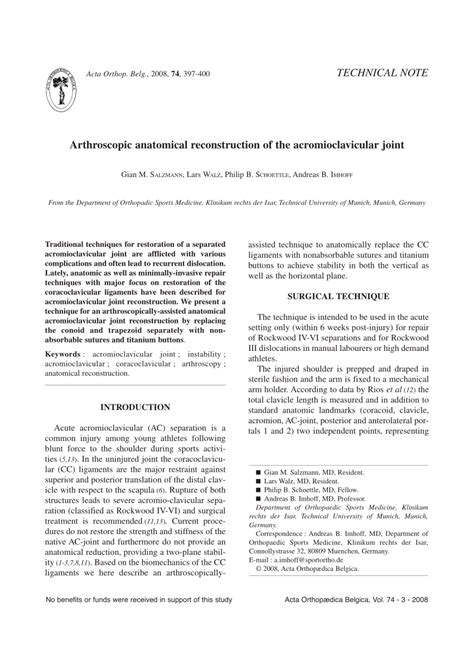 Pdf Arthroscopic Anatomical Reconstruction Of The Acromioclavicular Joint