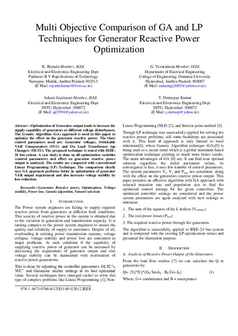 Pdf Multi Objective Comparison Of Ga And Lp Techniques For Generator