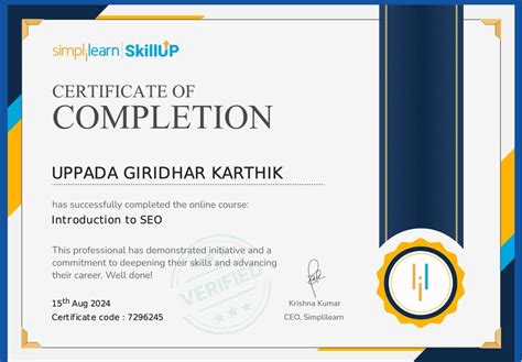 Completed Seo Certification With Simplilearn Uppada Giridhar Karthik Posted On The Topic