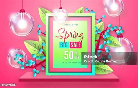 봄 큰 판매 타이포그래피 포스터 꽃 가지와 현대 전기 램프 자연 개념입니다 벡터 그림 Publicity Event에 대한 스톡 벡터 아트 및 기타 이미지