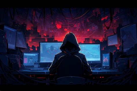 Premium AI Image Hacker Sitting At The Computer Cyber Security And