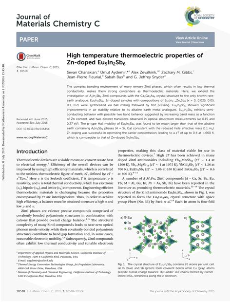 Pdf High Temperature Thermoelectric Properties Of Zn Doped Eu5in2sb6