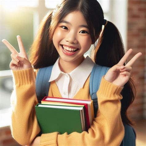Excited Asian Schoolgirl Going Back To School Premium Ai Generated Image