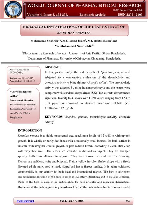 Pdf Biological Investigations Of The Leaf Extract Of Spondias Pinnata