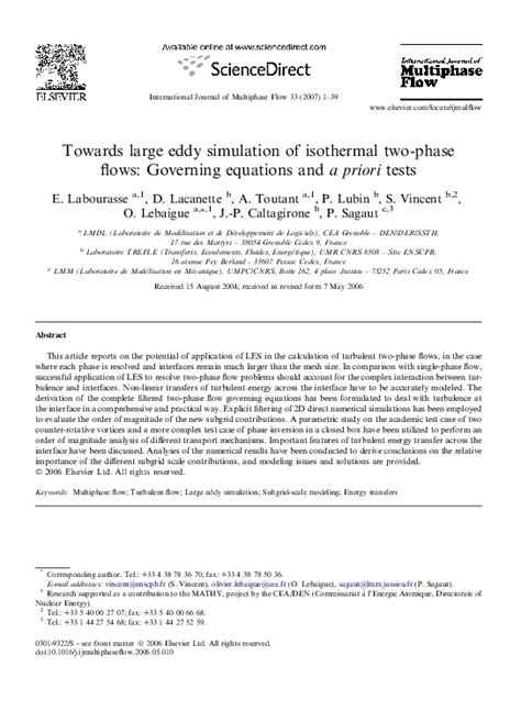 Pdf Towards Large Eddy Simulation Of Isothermal Two Phase Flows Governingequations And It A