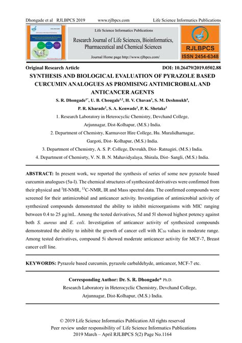 Pdf Synthesis And Biological Evaluation Of Pyrazole Based Curcumin Analogues As Promising