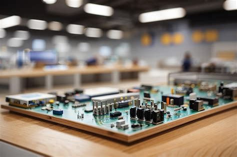 Premium Photo Wooden Board With A Defocused Electronics Department