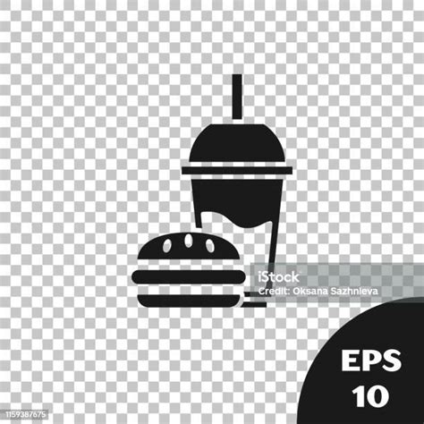 투명 한 배경에 고립 된 빨대와 햄버거 아이콘을 마시는 검은 종이 유리 소다 아쿠아 음료 표지판 햄버거 치즈 버거 샌드위치 벡터