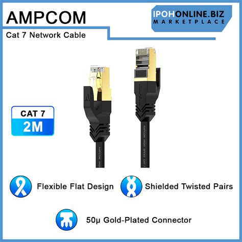 Ampcom Cat7 Ethernet Cable Shielded Flat Type Rj45 2m 2 5g 5g 10gbps Network Patch Cord For