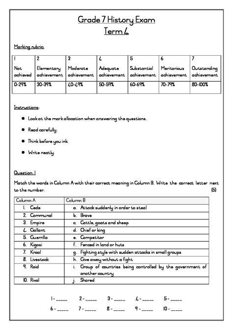 Grade 7 History Exam Term 4 • Teacha