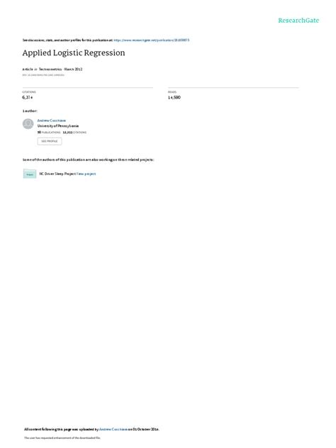 Applied Logistic Regression Technometrics March 2012 Pdf