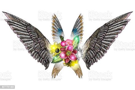 Blackwork 문신 요소 흰색 배경에 고립입니다 문신 플래시 아기 T 셔츠 스티커 스타일입니다 날개 고 피 릴리 장미 여성의 스타일에 그리기 천사 또는 새 꽃 날개
